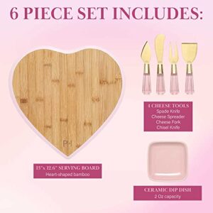 Paris Hilton Charcuterie Board and Serving Set, Bamboo Serving Board, Ceramic Dish, Cheese Utensils with Titanium Coated Blades, 6-Piece Set, Pink