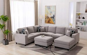 legend vansen linen-like fabric flexible combination loose back cushions wooden legs modular seating component ottoman sectional, 124", light grey