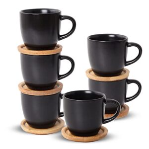 hasense espresso cups and saucers set of 6, demitasse cups with handle for coffee drinks, latte, cappuccino, cafe mocha and tea, 4 ounce porcelain coffee cups for coffee bar home and party, black