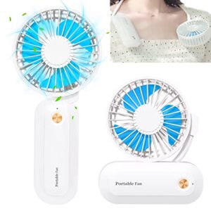 likemic mini handheld fan, portable fan for travel stroller rechargeable, handheld / neck hanging / winding / desktop 4 in 1 versatile fan, 3 speeds, 4-10 hours working times, quiet(blue)