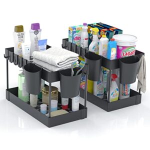 2 Pack Under Sink Organizers and Storage - 2 Tier Bathroom Organizer Under Sink, Multi-purpose Under Kitchen Cabinet Storage, Black Cleaning Supplies Organizer Kitchen Bathroom