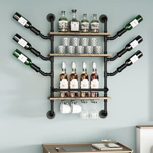 maikailun wine rack wall mounted with 4 stem glass holder, industrial bar shelves 34in metal hanging stemware mugs rack, floating pipe shelf, living room kitchen decor display wood rack black