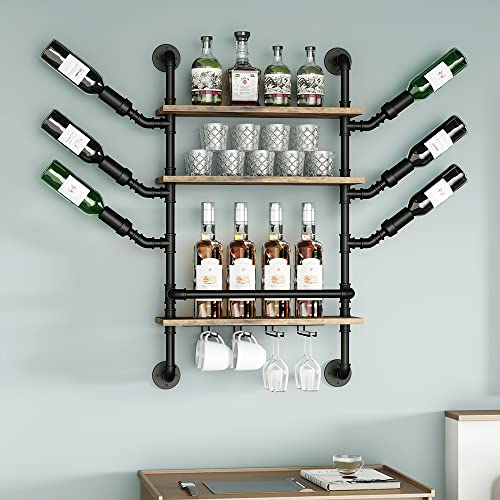 MAIKAILUN Wine Rack Wall Mounted with 4 Stem Glass Holder, Industrial Bar Shelves 34in Metal Hanging Stemware Mugs Rack, Floating Pipe Shelf, Living Room Kitchen Decor Display Wood Rack Black