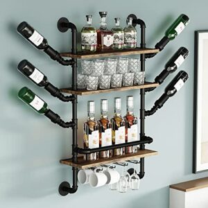 MAIKAILUN Wine Rack Wall Mounted with 4 Stem Glass Holder, Industrial Bar Shelves 34in Metal Hanging Stemware Mugs Rack, Floating Pipe Shelf, Living Room Kitchen Decor Display Wood Rack Black