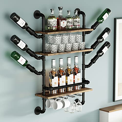 MAIKAILUN Wine Rack Wall Mounted with 4 Stem Glass Holder, Industrial Bar Shelves 34in Metal Hanging Stemware Mugs Rack, Floating Pipe Shelf, Living Room Kitchen Decor Display Wood Rack Black