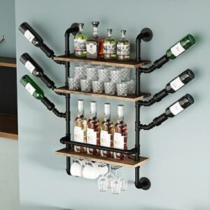 MAIKAILUN Wine Rack Wall Mounted with 4 Stem Glass Holder, Industrial Bar Shelves 34in Metal Hanging Stemware Mugs Rack, Floating Pipe Shelf, Living Room Kitchen Decor Display Wood Rack Black