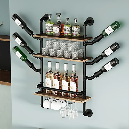 MAIKAILUN Wine Rack Wall Mounted with 4 Stem Glass Holder, Industrial Bar Shelves 34in Metal Hanging Stemware Mugs Rack, Floating Pipe Shelf, Living Room Kitchen Decor Display Wood Rack Black