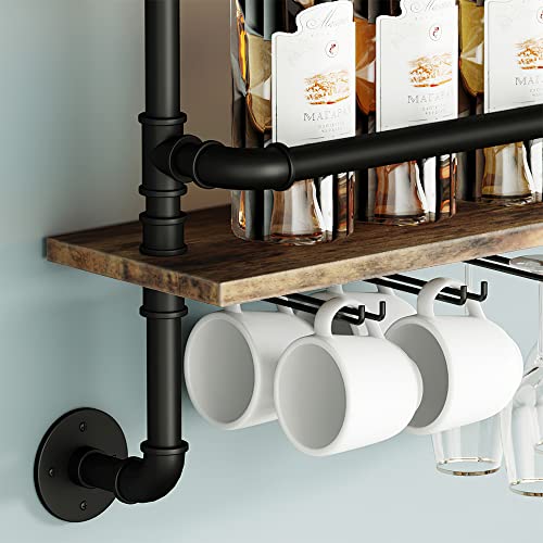 MAIKAILUN Wine Rack Wall Mounted with 4 Stem Glass Holder, Industrial Bar Shelves 34in Metal Hanging Stemware Mugs Rack, Floating Pipe Shelf, Living Room Kitchen Decor Display Wood Rack Black