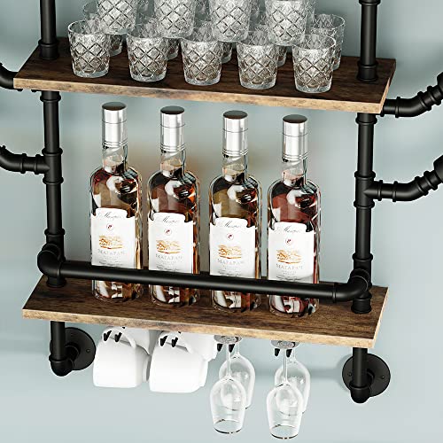 MAIKAILUN Wine Rack Wall Mounted with 4 Stem Glass Holder, Industrial Bar Shelves 34in Metal Hanging Stemware Mugs Rack, Floating Pipe Shelf, Living Room Kitchen Decor Display Wood Rack Black