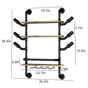 MAIKAILUN Wine Rack Wall Mounted with 4 Stem Glass Holder, Industrial Bar Shelves 34in Metal Hanging Stemware Mugs Rack, Floating Pipe Shelf, Living Room Kitchen Decor Display Wood Rack Black