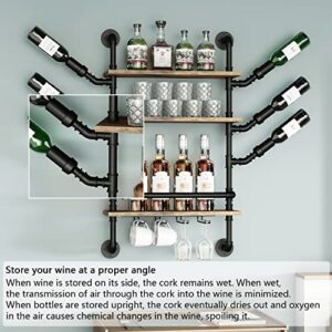 MAIKAILUN Wine Rack Wall Mounted with 4 Stem Glass Holder, Industrial Bar Shelves 34in Metal Hanging Stemware Mugs Rack, Floating Pipe Shelf, Living Room Kitchen Decor Display Wood Rack Black