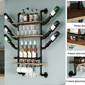 MAIKAILUN Wine Rack Wall Mounted with 4 Stem Glass Holder, Industrial Bar Shelves 34in Metal Hanging Stemware Mugs Rack, Floating Pipe Shelf, Living Room Kitchen Decor Display Wood Rack Black