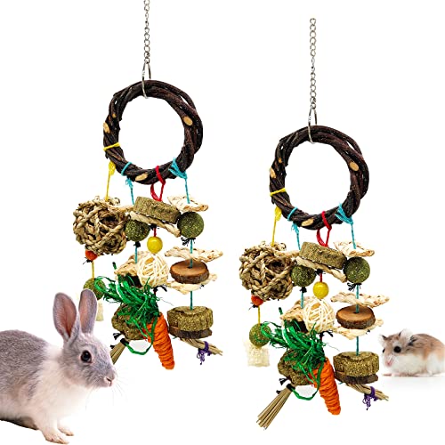 BNOSDM 2 PCS Rabbit Chew Toys for Bunnies Cage Hanging Guinea Pig Chewing Toys Rattan Ring with Snacks Natural Small Animals Teeth Grinding Toy for Hamster Chinchilla Ferret Hedgehog