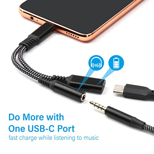 USB C to 3.5mm Headphone and Charger Adapter, 2 in 1 USB C to Aux Audio Dongle with PD 60W Fast Charge Cable Compatible with Google Pixel 5/4/3XL, Galaxy Note 10/10 Plus/20 Ultra/S21/S21+/S20FE/S21FE