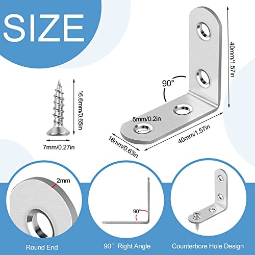 16 Pcs L Bracket Stainless Steel Corner Brace Sets, 90 Degree Right Angle Bracket with 64 Pcs Screws, L Bracket Firmware Can Be Used for Wooden Shelves, Chairs, Tables, Dressers, Furniture