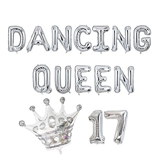 Dancing Queen 17th Birthday Decoration Silver Dancing Queen 17 balloons for Girls 17th Birthday Party Balloons 17 Birthday Decorations Supplies