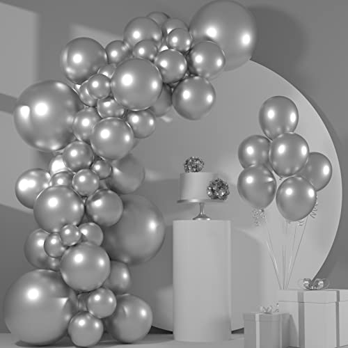 FEPITO Metallic Silver Balloons Garland Kit 84 Pcs Chrome Silver Balloon Different Sizes Pack 18 12 10 5 Inch Silver Party Balloons for Wedding Birthday Graduation Anniversary Bridal Silver Party Decor