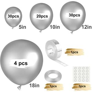 FEPITO Metallic Silver Balloons Garland Kit 84 Pcs Chrome Silver Balloon Different Sizes Pack 18 12 10 5 Inch Silver Party Balloons for Wedding Birthday Graduation Anniversary Bridal Silver Party Decor