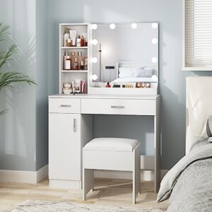 Fameill White Vanity Desk with Mirror and Lights,Makeup Vanity with 2 Drawers Lots Storage,Vanity Table with Lighted Mirror,3 Lighting Colors, Brightness Adjustable,35in(L)