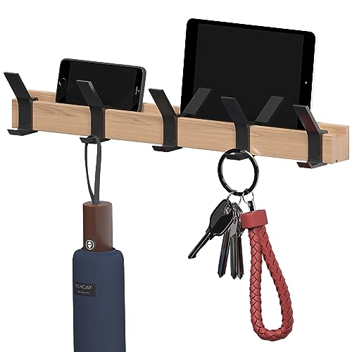 HANLIAN Coat Rack Wall Mount with Shelf, Hook Rail with 5 Sliding Double Hooks, Wood & Aluminum Entryway Coat Hooks Wall Mounted, Coat Hook Rail for Coat Hat Towel Robes (1 Pack, Black)