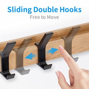 HANLIAN Coat Rack Wall Mount with Shelf, Hook Rail with 5 Sliding Double Hooks, Wood & Aluminum Entryway Coat Hooks Wall Mounted, Coat Hook Rail for Coat Hat Towel Robes (1 Pack, Black)