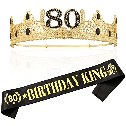 80TH Birthday King Crown and Birthday King Sash,80TH Birthday Gifts for Men. Birthday Party Decoration for Men(Gold)