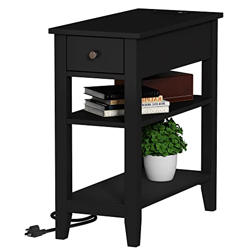 ChooChoo Narrow End Table with Charging Station, Side Table Living Room with USB Ports & Power Outlets and Hidden Drawer, 3-Tier Skinny Nightstand with 2 Open Storage Shelves for Small Place (Black)