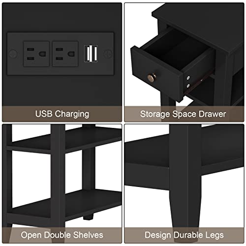 ChooChoo Narrow End Table with Charging Station, Side Table Living Room with USB Ports & Power Outlets and Hidden Drawer, 3-Tier Skinny Nightstand with 2 Open Storage Shelves for Small Place (Black)