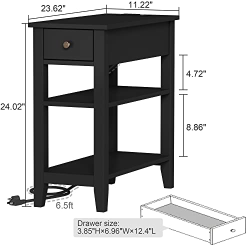 ChooChoo Narrow End Table with Charging Station, Side Table Living Room with USB Ports & Power Outlets and Hidden Drawer, 3-Tier Skinny Nightstand with 2 Open Storage Shelves for Small Place (Black)