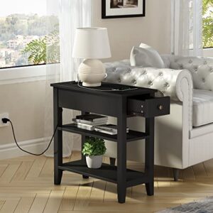 ChooChoo Narrow End Table with Charging Station, Side Table Living Room with USB Ports & Power Outlets and Hidden Drawer, 3-Tier Skinny Nightstand with 2 Open Storage Shelves for Small Place (Black)