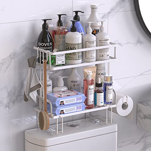 FREDI Over The Toilet Storage, 2-Tier Bathroom Organizer Shelf Organizer Shelve No Drill Space Saver with Hanging Hook Toilet Paper Holder for Kitchen, Bathroom, White