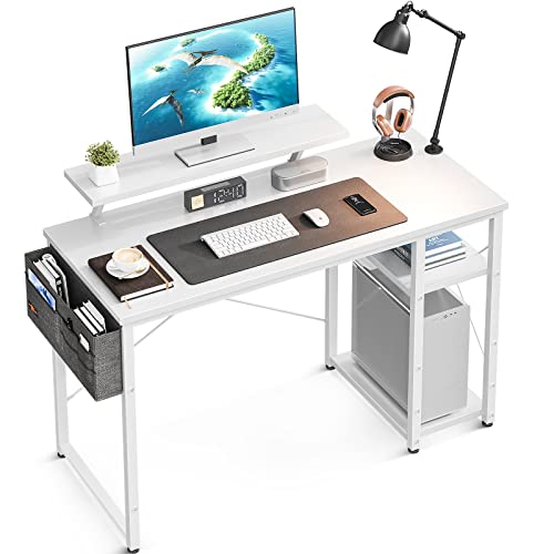 ODK 39 Inch Computer Desk with Monitor Stand and Reversible 2-Tier Storage Shelves, Home Office Desks, Work Study PC Office Desk for Small Spaces, White Desk with Shelves