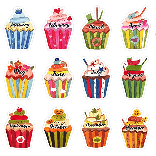 FLYAB 12Pcs Birthday Cutouts for Classroom Decoration Birthday Cupcake Cutouts Calendar Chart Poster Birthday Bulletin Board Decorations for Classroom Birthday Party Decoration Teacher Supplies