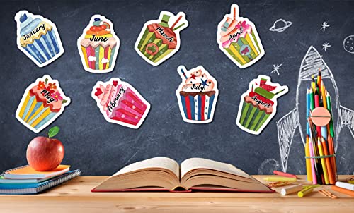 FLYAB 12Pcs Birthday Cutouts for Classroom Decoration Birthday Cupcake Cutouts Calendar Chart Poster Birthday Bulletin Board Decorations for Classroom Birthday Party Decoration Teacher Supplies