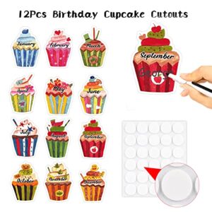 FLYAB 12Pcs Birthday Cutouts for Classroom Decoration Birthday Cupcake Cutouts Calendar Chart Poster Birthday Bulletin Board Decorations for Classroom Birthday Party Decoration Teacher Supplies