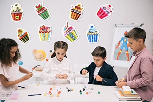 FLYAB 12Pcs Birthday Cutouts for Classroom Decoration Birthday Cupcake Cutouts Calendar Chart Poster Birthday Bulletin Board Decorations for Classroom Birthday Party Decoration Teacher Supplies