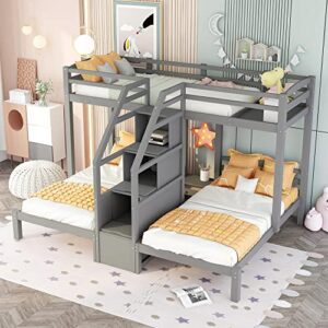 vilrocaz twin size triple bunk bed with built-in staircase and storage drawer, solid wood bunk bed frame with safety full-length guardrail for 3, bedroom guest room home furniture (gray)