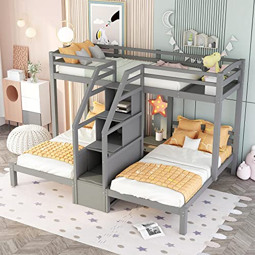 VilroCaz Twin Size Triple Bunk Bed with Built-in Staircase and Storage Drawer, Solid Wood Bunk Bed Frame with Safety Full-Length Guardrail for 3, Bedroom Guest Room Home Furniture (Gray)