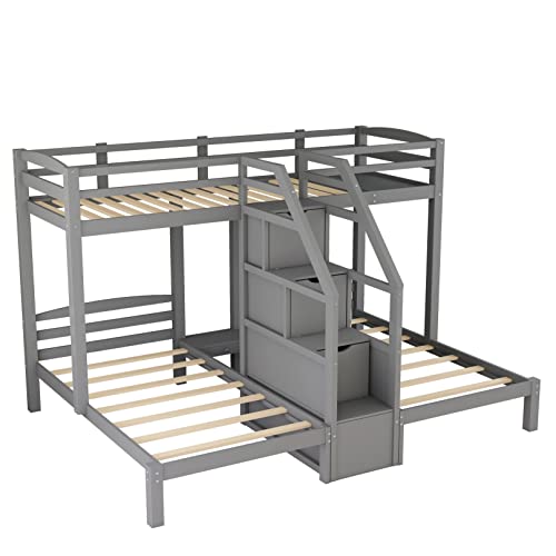 VilroCaz Twin Size Triple Bunk Bed with Built-in Staircase and Storage Drawer, Solid Wood Bunk Bed Frame with Safety Full-Length Guardrail for 3, Bedroom Guest Room Home Furniture (Gray)