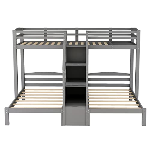 VilroCaz Twin Size Triple Bunk Bed with Built-in Staircase and Storage Drawer, Solid Wood Bunk Bed Frame with Safety Full-Length Guardrail for 3, Bedroom Guest Room Home Furniture (Gray)