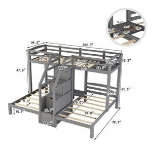 VilroCaz Twin Size Triple Bunk Bed with Built-in Staircase and Storage Drawer, Solid Wood Bunk Bed Frame with Safety Full-Length Guardrail for 3, Bedroom Guest Room Home Furniture (Gray)