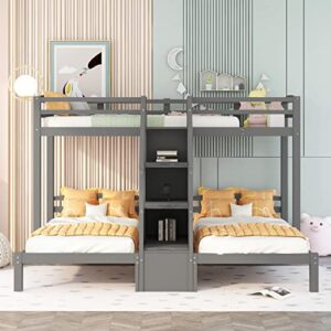 VilroCaz Twin Size Triple Bunk Bed with Built-in Staircase and Storage Drawer, Solid Wood Bunk Bed Frame with Safety Full-Length Guardrail for 3, Bedroom Guest Room Home Furniture (Gray)