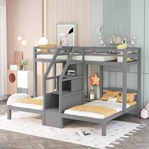 VilroCaz Twin Size Triple Bunk Bed with Built-in Staircase and Storage Drawer, Solid Wood Bunk Bed Frame with Safety Full-Length Guardrail for 3, Bedroom Guest Room Home Furniture (Gray)