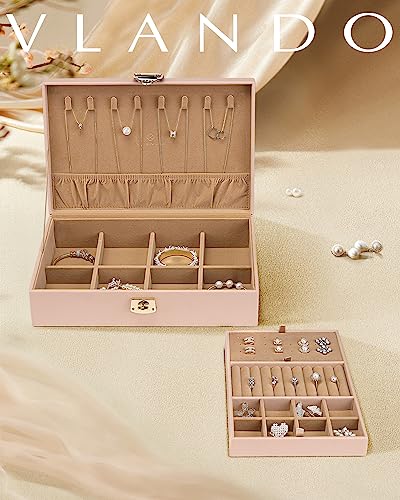 Vlando Jewelry Box for Women Girls 2 Layer Large Jewelry Organizer Storage Case PU Leather Jewellery Stackable Tray for Necklace Earrings Rings Bracelets Home Decor Gifts Beige