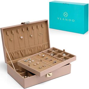 Vlando Jewelry Box for Women Girls 2 Layer Large Jewelry Organizer Storage Case PU Leather Jewellery Stackable Tray for Necklace Earrings Rings Bracelets Home Decor Gifts Beige