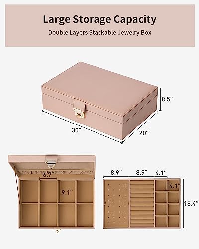 Vlando Jewelry Box for Women Girls 2 Layer Large Jewelry Organizer Storage Case PU Leather Jewellery Stackable Tray for Necklace Earrings Rings Bracelets Home Decor Gifts Beige