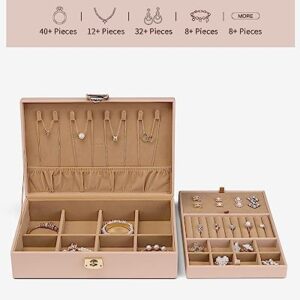 Vlando Jewelry Box for Women Girls 2 Layer Large Jewelry Organizer Storage Case PU Leather Jewellery Stackable Tray for Necklace Earrings Rings Bracelets Home Decor Gifts Beige