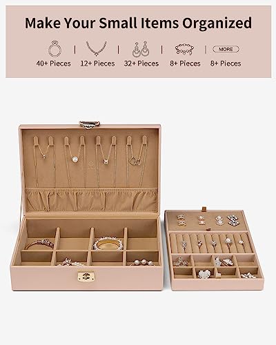 Vlando Jewelry Box for Women Girls 2 Layer Large Jewelry Organizer Storage Case PU Leather Jewellery Stackable Tray for Necklace Earrings Rings Bracelets Home Decor Gifts Beige