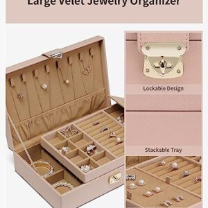 Vlando Jewelry Box for Women Girls 2 Layer Large Jewelry Organizer Storage Case PU Leather Jewellery Stackable Tray for Necklace Earrings Rings Bracelets Home Decor Gifts Beige