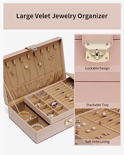 Vlando Jewelry Box for Women Girls 2 Layer Large Jewelry Organizer Storage Case PU Leather Jewellery Stackable Tray for Necklace Earrings Rings Bracelets Home Decor Gifts Beige